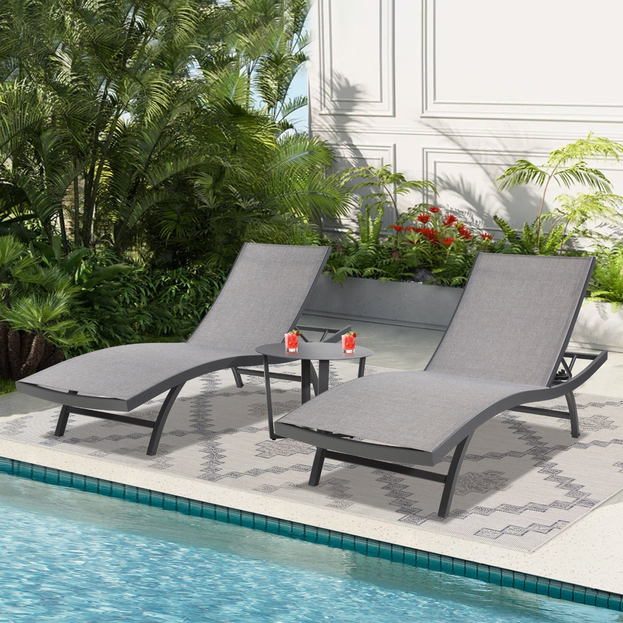 Chambray Patio Aluminum Chaise Lounge Chairs With Phifertex Sling Fabric And Side Table