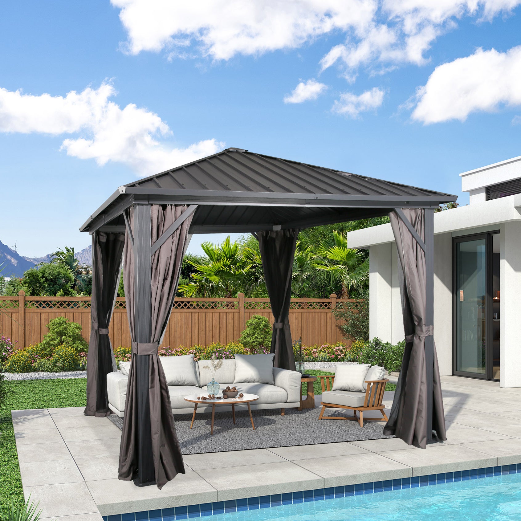 PATIO TREE 10x10 Metal Gazebo with Hardtop, Curtain, Mosquito Netting ...