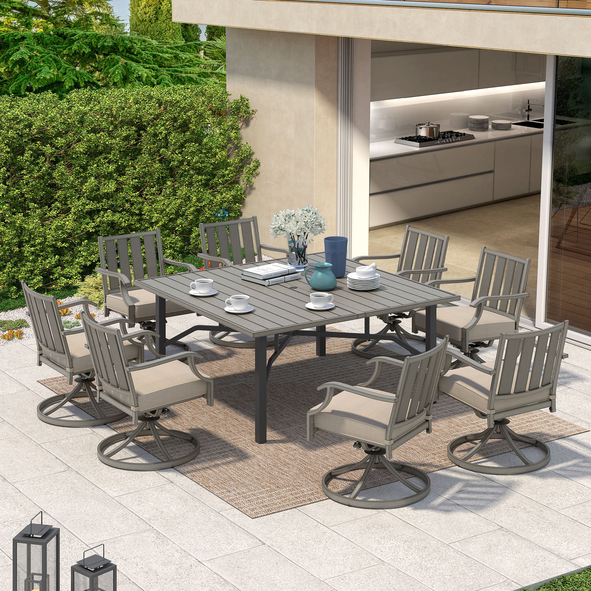 PEAKHOME Azur Outdoor 8 Person Square Dining Set with Sunbrella® Cushi ...